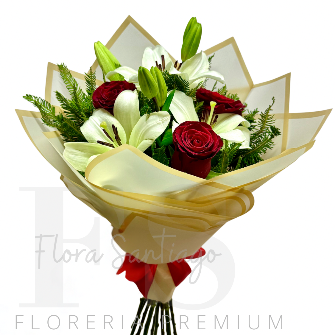 RAMO DE 3 ROSAS ROJAS Y 3 LILIUMS BLANCO – Flores a domicilio